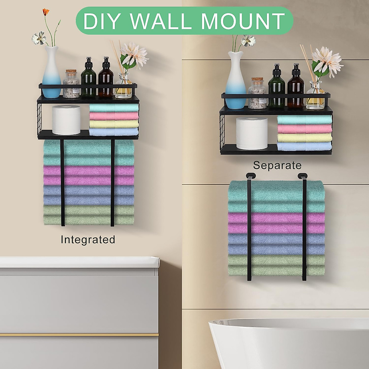 HOTEC Wall-Mounted Towel Rack for Bathroom with Large Capacity Shelf Space Saving Towel Holder for Bathroom Storage, for Small Bathrooms, Apartments, RVs Durable and Stylish Metal and Wood Design