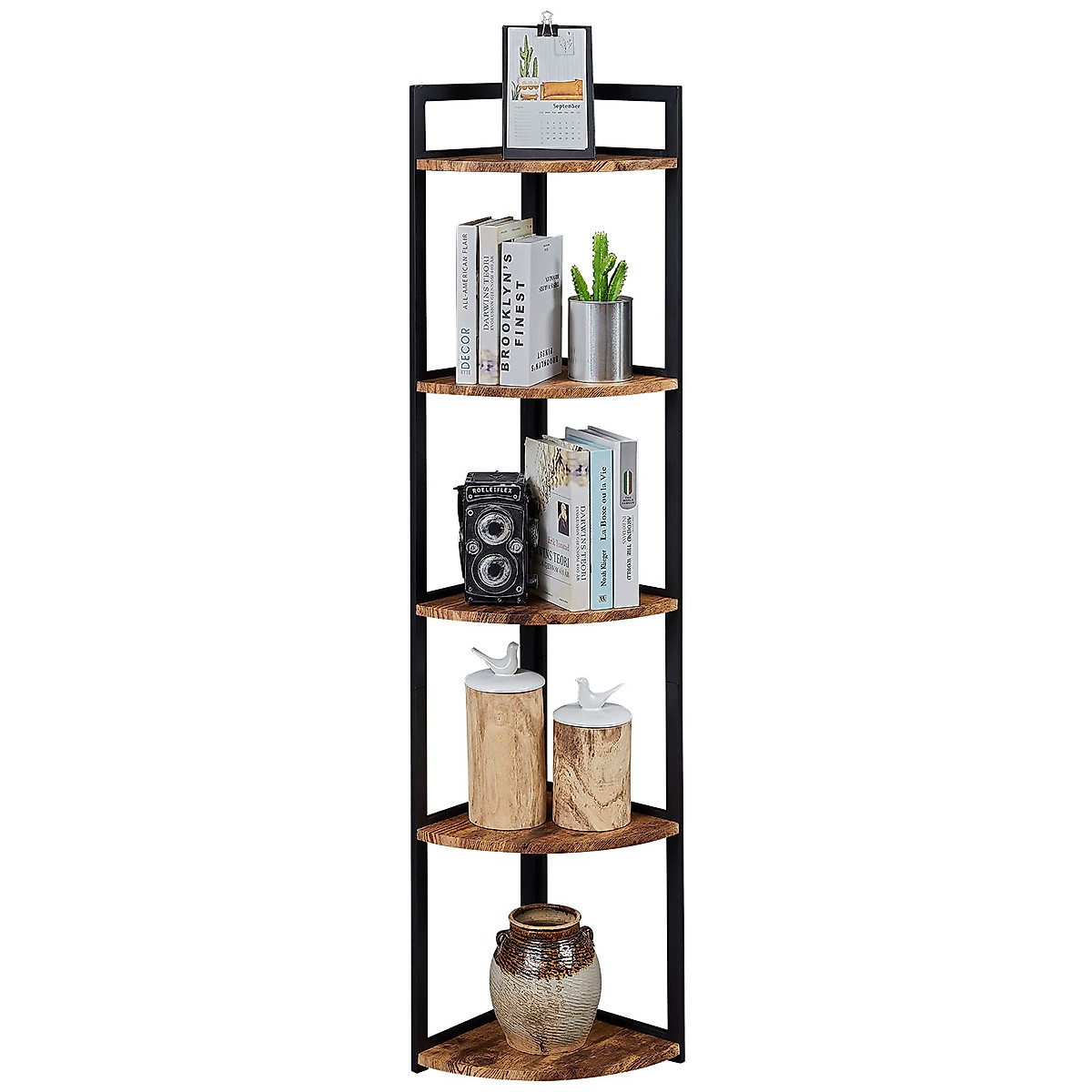 SUPERJARE Corner Shelf, Industrial 5-Tier Wall Corner Bookshelf with Metal Frame, Corner Shelf Stand Display Plant Flower, Corner Bookcase for Home, Office, Kitchen - Rustic Brown