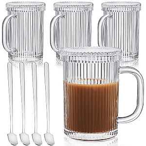 Suclain 4 Pieces Glass Coffee Mugs Clear Vertical Stripes Tea Mug with Lid and Spoon Ribbed Glasses for Espresso Milk Chocolate Latte Juice Anniversary and Birthday, 11.8 oz
