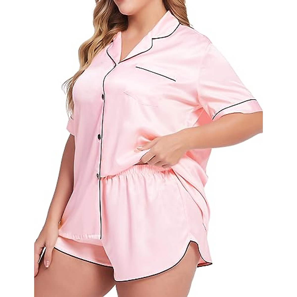 SWOMOG Women's Satin Plus Size Pajamas Silk Short Sleeve Pjs Sets Button Down Silk Sleepwear 2 Piece Bridal Pjs Loose Outfits Pink