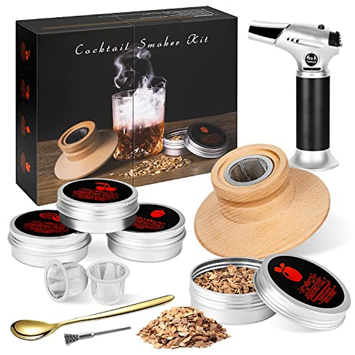 Cocktail Smoker Kit, Whiskey Smoker Kit with Torch, Old Fashioned Cocktail Kit, Bourbon Smoker Kit with 4 Flavors of Chimney Wood Chips, Bartender Gift for Friends, Husband, Dad（No Butane）