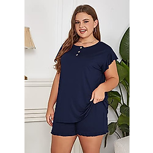 Celkuser Womens Plus Size Cute Short Pajama Set Ruffle Sleeve Button Sleepwear Soft PJs with Pocket CEL1002(cel1002,5XL,Navy)