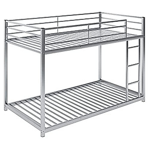 POCIYIHOME Twin Over Twin Steel Bunk Bed, Low Bunk Bed with Ladder & Slat Support & Full Length Guardrail for Kids,Teens Bedroom, Simple & Space-Saving, No Box Spring Needed, Silver