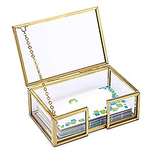 Hipiwe Glass Business Card Holder Box with Lid - Desktop Name Card Display Box Organizer Gold Metal Business Card Container Box for Office Countertop