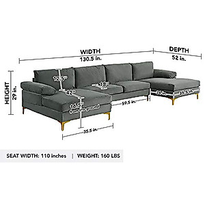 Casa Andrea Milano Modern Large Velvet Fabric U-Shape Sectional Sofa, Double Extra Wide Chaise Lounge Couch with Gold Legs, Dark Grey