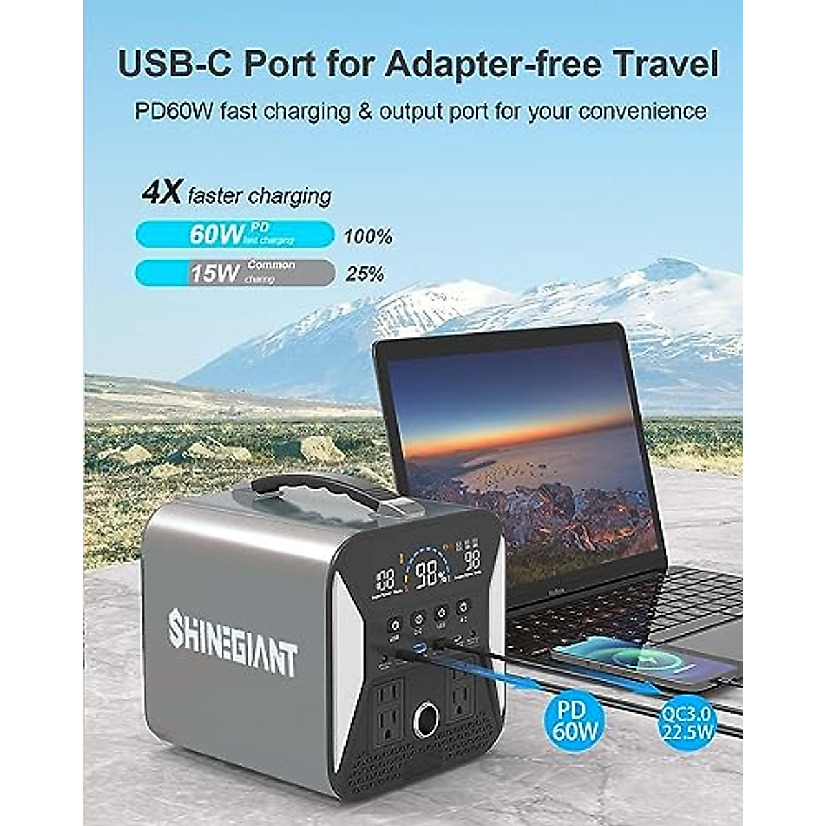 Portable Power Station 300W(600W Peak), SHINEGIANT 299.52Wh Solar Generator with USB-C PD 60W Output, 110V Pure Sine Wave Backup Battery Pack with AC Outlet, Portable Generator for Camping RV Hunting