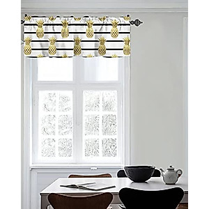 Window Valance for Kitchen,Summer Gold Pineapple Black White Stripes Curtain Valances Rod Pocket Short Curtains,Tropical Fruit Seamless Privacy Window Treatment for Bedroom Living Room 42x12in