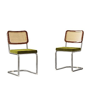 MeetLeisure Rattan Dining Chair Set of 2, Mid-Century Modern Chairs with Metal Chrome Legs, Armless Cane Back Chairs with Upholstered Cushion for Home Kitchen Dining Room, Walnut Brown/Green