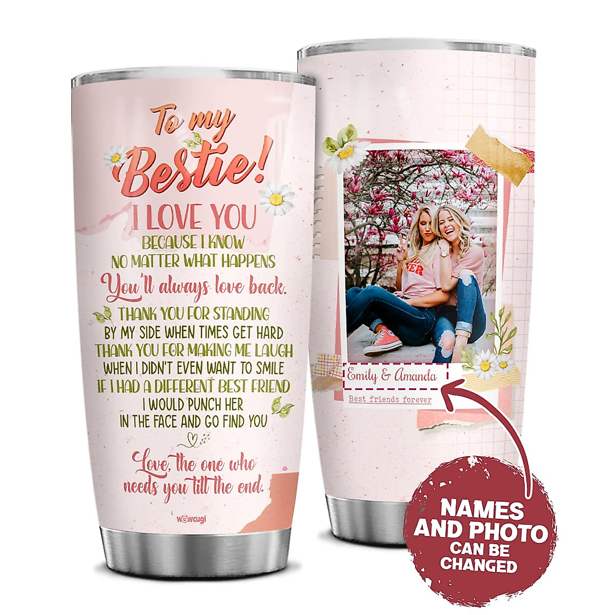 wowcugi Personalized Bestie Tumbler Cup With Lid 20oz 30oz Customized Best Friend Stainless Steel Double Wall Vacuum Insulated Tumblers Birthday Christmas Friendship Gifts Custom Photo Women BFF