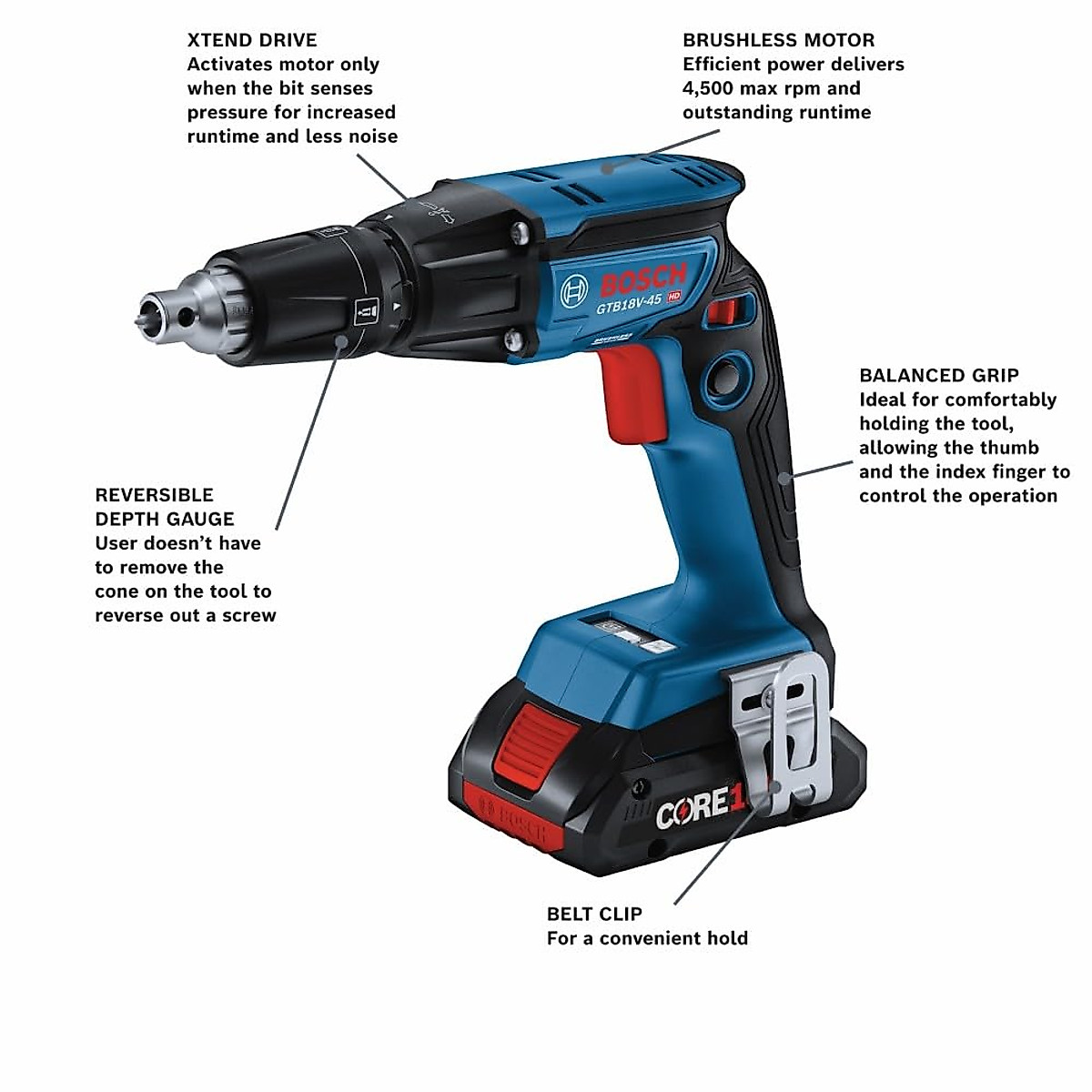 BOSCH GTB18V-45B15 18V Brushless 1/4 In. Hex Screwgun Kit with (1) CORE18V 4 Ah Advanced Power Battery