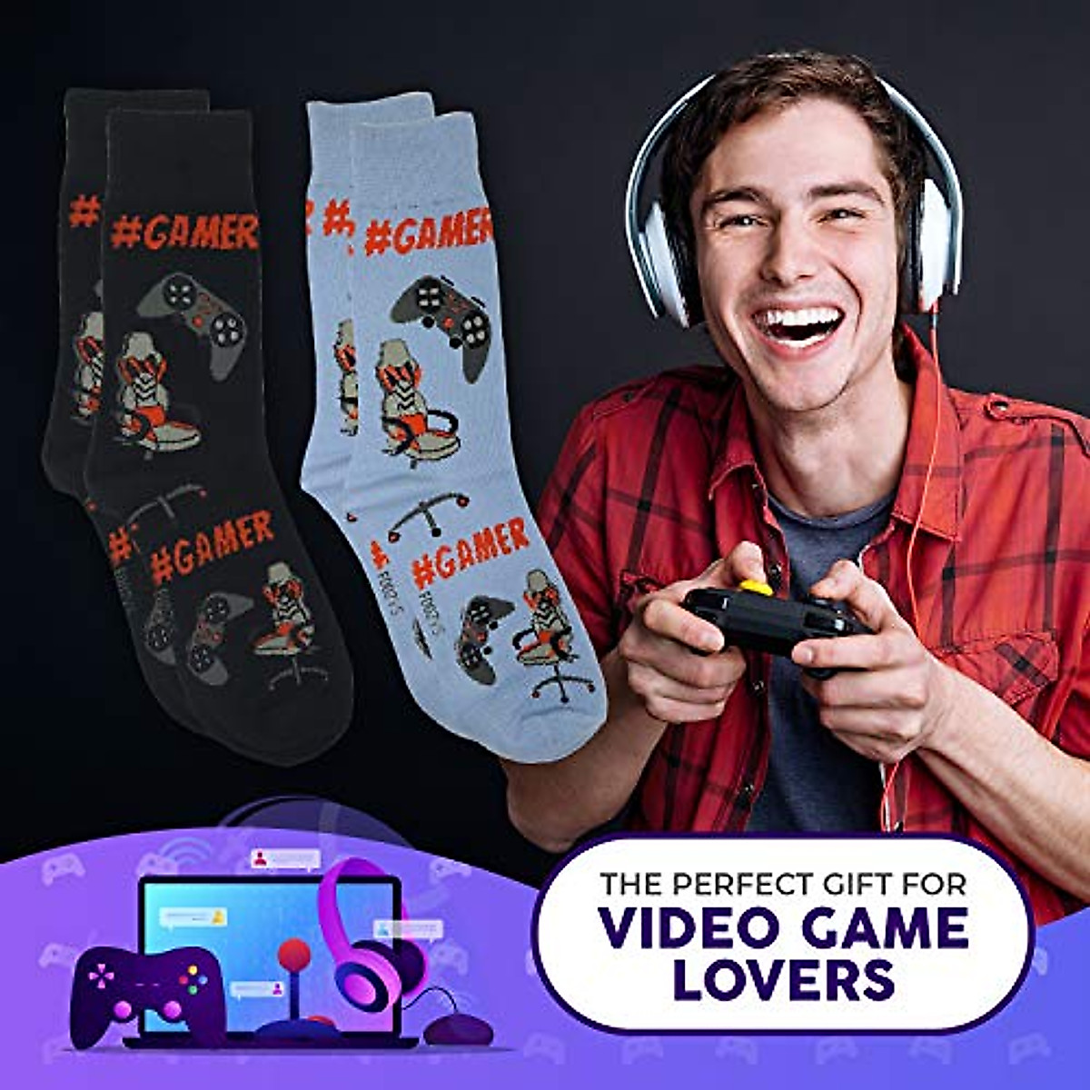 Foozys Mens Crew Socks | Late Night Party & Up to No Good Novelty Socks | 2 Pair (Gamer)
