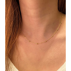 BERISO 14K Gold/Silver Plated Choker Necklace for Women Shining Dots Station Gold Chain Necklace Beads Sparkle Chain Necklace Link Chain Exquisite Jewelry for women