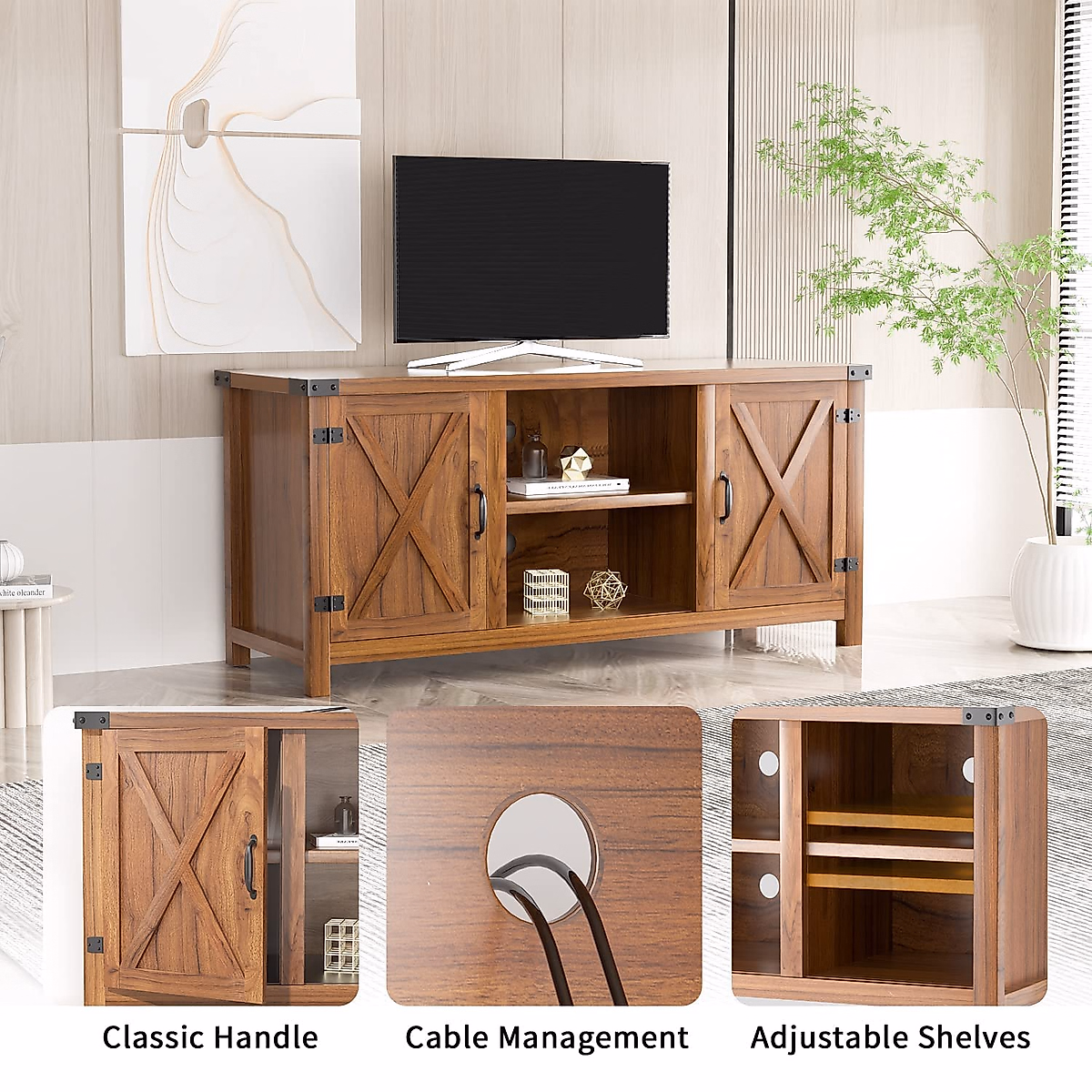 Farmhouse TV Stand for 65 Inch TV, Mid Century Modern Television Stand Entertainment Center for Living Room Bedroom, TV Console Table with Double Barn Doors and Storage Cabinets (Walnut)