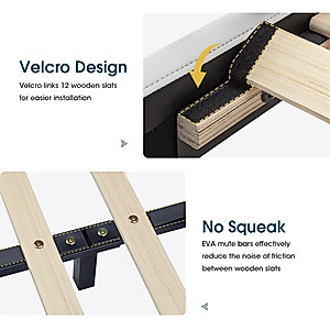 WEEWAY Modern Queen Size Upholstered Platform Bed Frame, Faux Leather Sleigh Bed with Adjustable Headboard, Strong Wood Slats Support, No Box Spring Needed, Black & White