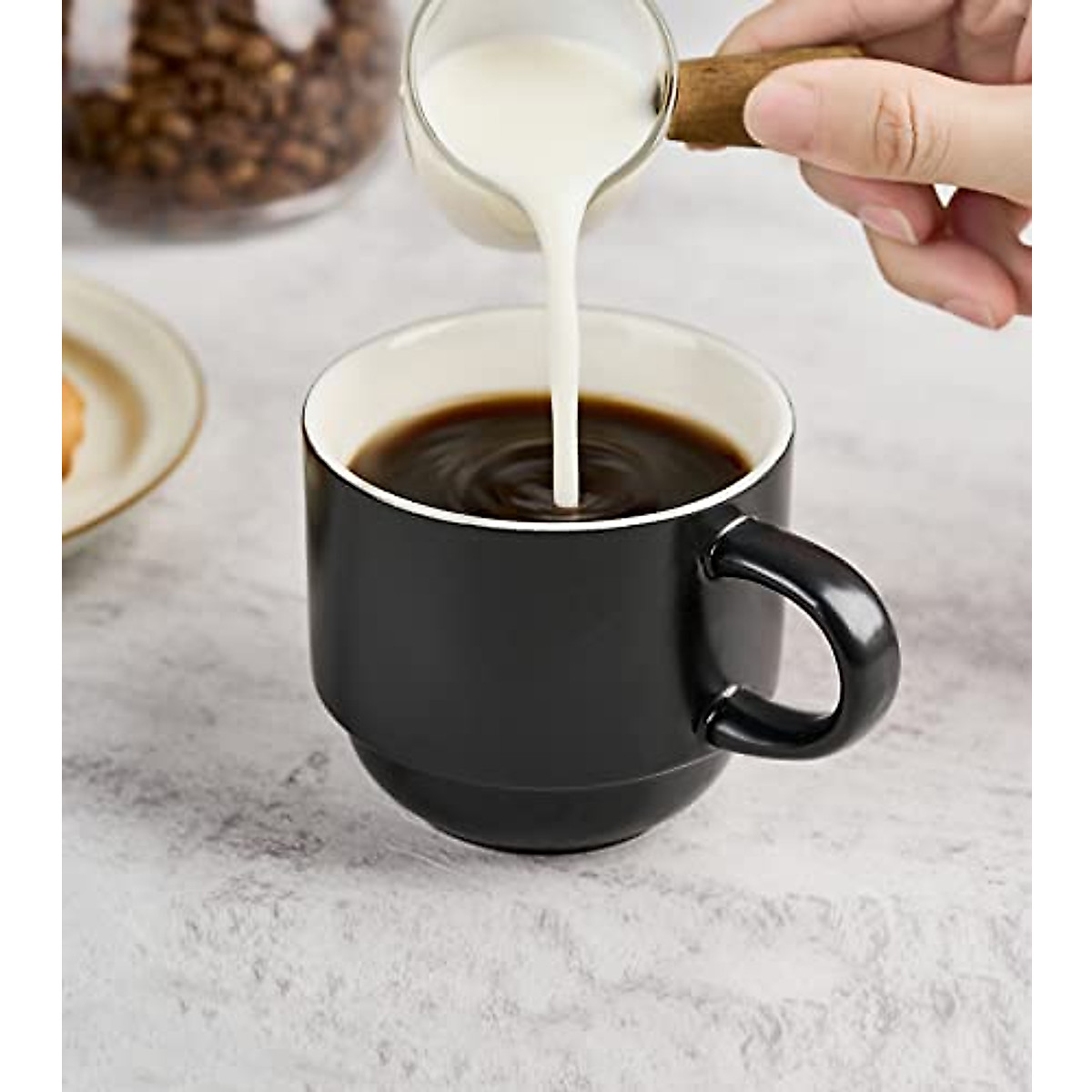 YHOSSEUN Porcelain Stackable Coffee Mug Set With Rack, Demitasse Cups with Espresso Spoons, 11 Oz For Coffee Drinks, Latte, Macchiato, Cafe Mocha Set of 4,Black