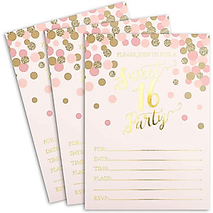 Sparkle and Bash 36-Pack Sweet 16 Birthday Party Invitations With Envelopes for RSVP Party (Pink & Gold, 7 x 5 In)