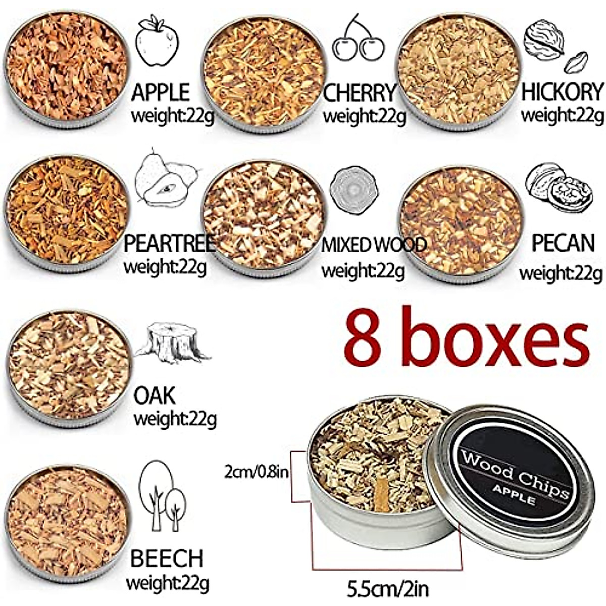 QUKLOGEN 8 Pack Smoke Infuser Wood Chips,Drink Smoker Infuser Kit Wood Chips Included Cherry,Apple,Pecan,Peartree,Oak,Beech,Hickory,Mixed Wood