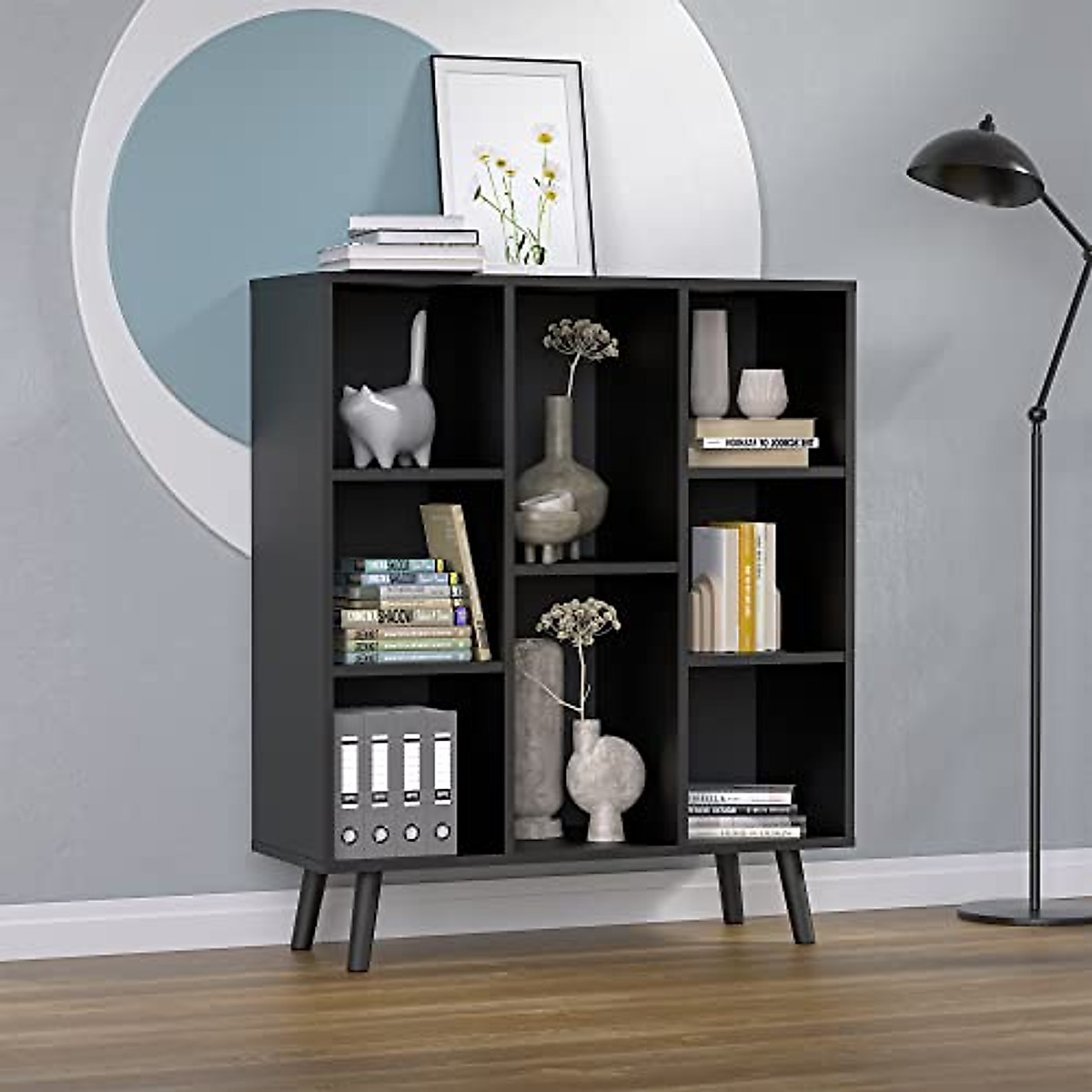 Cozy Castle Black Small Bookshelf, Wood 8 Cube Storage Organizer Book Shelves with Anti-Tilt Device, Freestanding Modern Bookcase for Bedroom, Office, Living Room