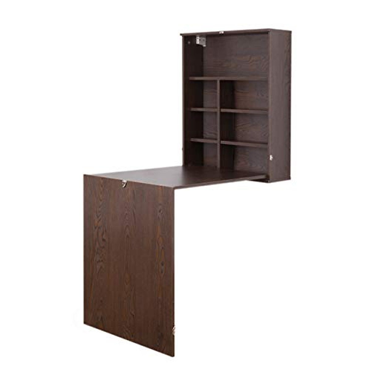 Basicwise Wall Mount Laptop Fold-Out Desk with Shelves, Brown,
