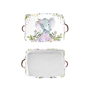 CUXWEOT Personalized Purple Floral Elephant Storage Bin with Name Waterproof Canvas Organizer Bin with Handles for Gift Baskets Book Bag (2 Pack)