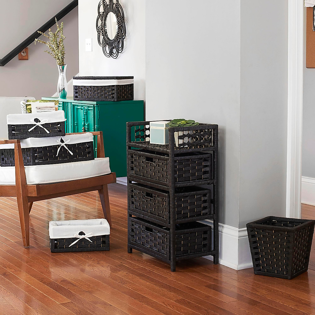 Household Essentials Hand-Woven Paper Rope Basket with Lid and Liner, Black Stain