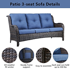 Belord Wicker Patio Furniture Sets - 8 Piece Rattan Outdoor Furniture Conversation Sets with 4 Swivel Rocker Chairs, Rattan Sofa, Wicker Ottomans and Coffee Table, Brown/Blue