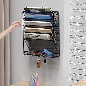 samstar Wall File Organizer with Hooks, 6 Tier Wall Mount File Holder Hanging File Organizer Vertical File Rack for Office/School/Home, Black