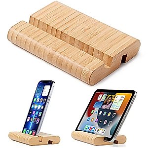 FadyDail Bamboo Cell Phone Stand Wooden Tablet Stand for Desktop, Wood Cell Phone Holder Desk Tablet Holder Mobile Stand for iPhone iPad Tablets and All Phones (Large Size)