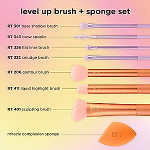 Real Techniques 8 Piece Level Up Brush And Sponge Set, Makeup Brushes For Eyeshadow, Foundation, Blush, & Bronzer, Makeup Blending Sponge, Synthetic Bristles, Stocking Stuffer, Cruelty-Free
