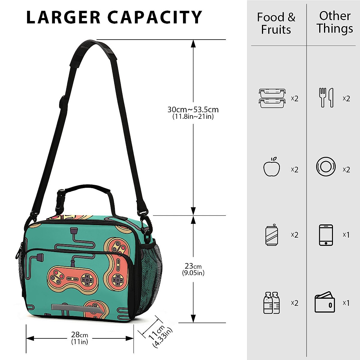 KOCOART Joystick Gamepad Lunch Bag for Women Men Retro Insulated Cooler Tote Bag with Adjustable Shoulder Strap Large Capacity Reusable Leakproof Picnic Lunch Box Outdoor for Adult Office