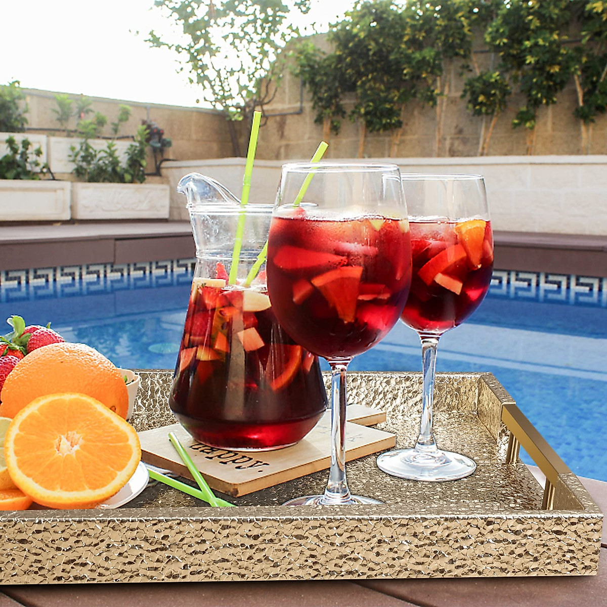 YAMILAN-Serving Tray with Gold Polished Metal Handles,Decorative Tray for Coffee Table,Ottoman Tray for Living Room,Modern Elegant Rectangle Leather Trays for All Occasions/Diamond Grain/Light Gold