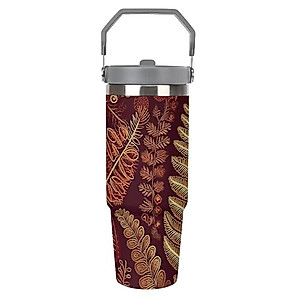 YTLKGFP 30 Oz Large Capacity Car Cup Maroon Gold Pattern Tumbler with Handle Straw Lid Insulated Stainless Steel Water Bottle Travel Mug Leak-proof Car Cup Keeps Cold Or Hot