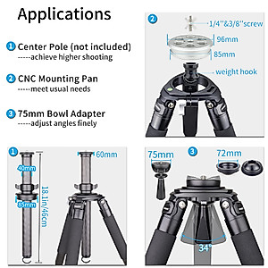 Carbon Fiber Tripod INNOREL RT90C Bowl Tripods Professional Heavy Duty Camera Stand with 75mm Bowl Adapter for DSLR Cameras Compatible with Ball Head & Fluid Head, 63 inch, 40mm Tube 40kg Load Black