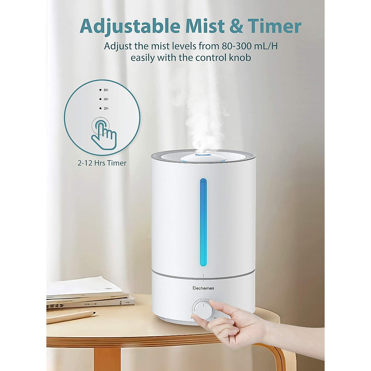 Elechomes 5L(1.32Gal) Cool Mist Humidifier & Essential Oil Diffuser Combo, Top Fill Ultrasonic Humidifiers for Bedroom, Baby Nursery Room and Office, Whisper-Quiet, 360° Nozzle, Auto Shut-Off Timer