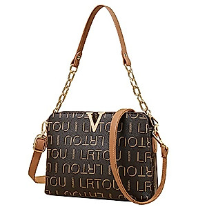 LAORENTOU PVC Leather Monogram Handbags for Women Small Signature Crossbody Bags Women's Shoulder Bags Faux Leather Checkered Bag (Brown)