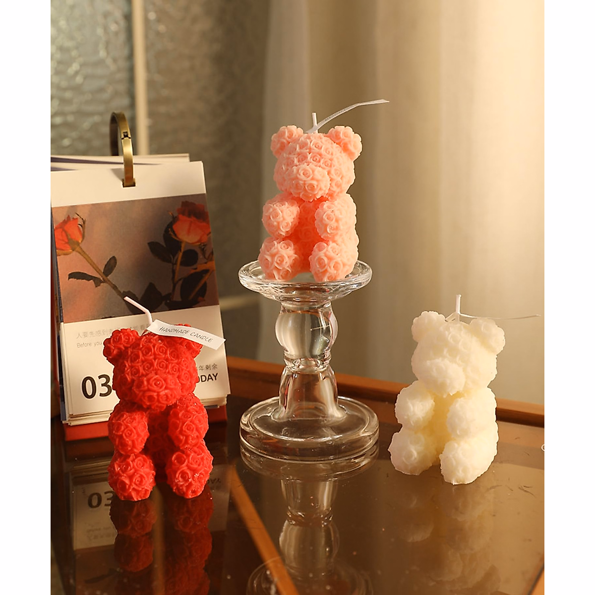 Cute Bear Shape Scented Candle,150G Rose Flower Clusters Aesthetic Handmade Soy Wax Aroma Decorative Candle for Table Photo Prop Wedding Birthday,Prefect Gift for Meditation Stress (Pink Bear)