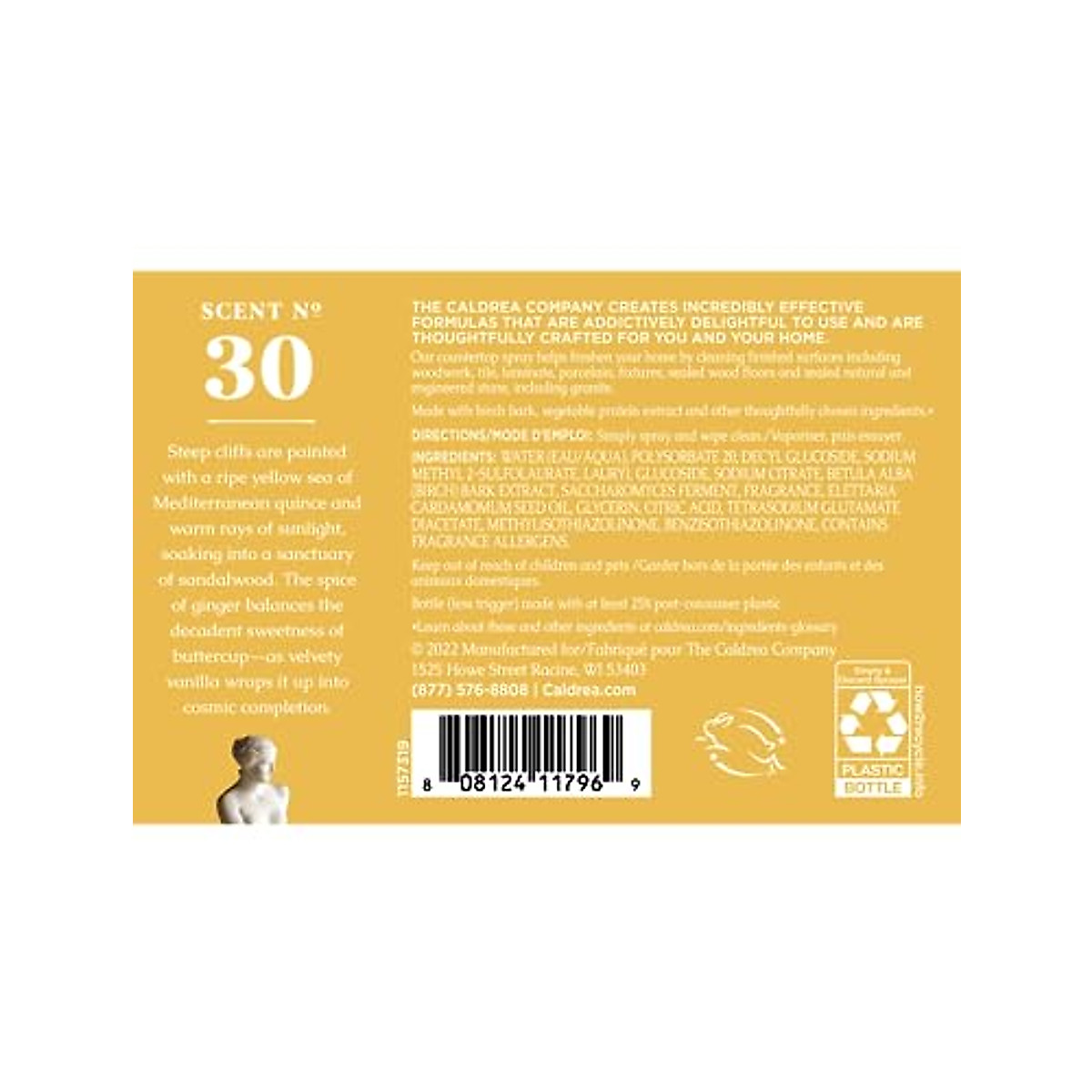 Caldrea Multi-surface Countertop Spray Cleaner, made with birch bark, cardamom seed essential oil, vegetable protein extract, Vanilla Quince Santal scent, 16 oz