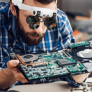 Head Mount Magnifier, Headband LED Illuminated Magnifier with Interchangeable Cold and Warm Lights, Magnifying Glass Lamp with 3X, 4X, 5X, 6X, 7X, 10X, 6 Detachable Lens, for Close Work, Jewelry