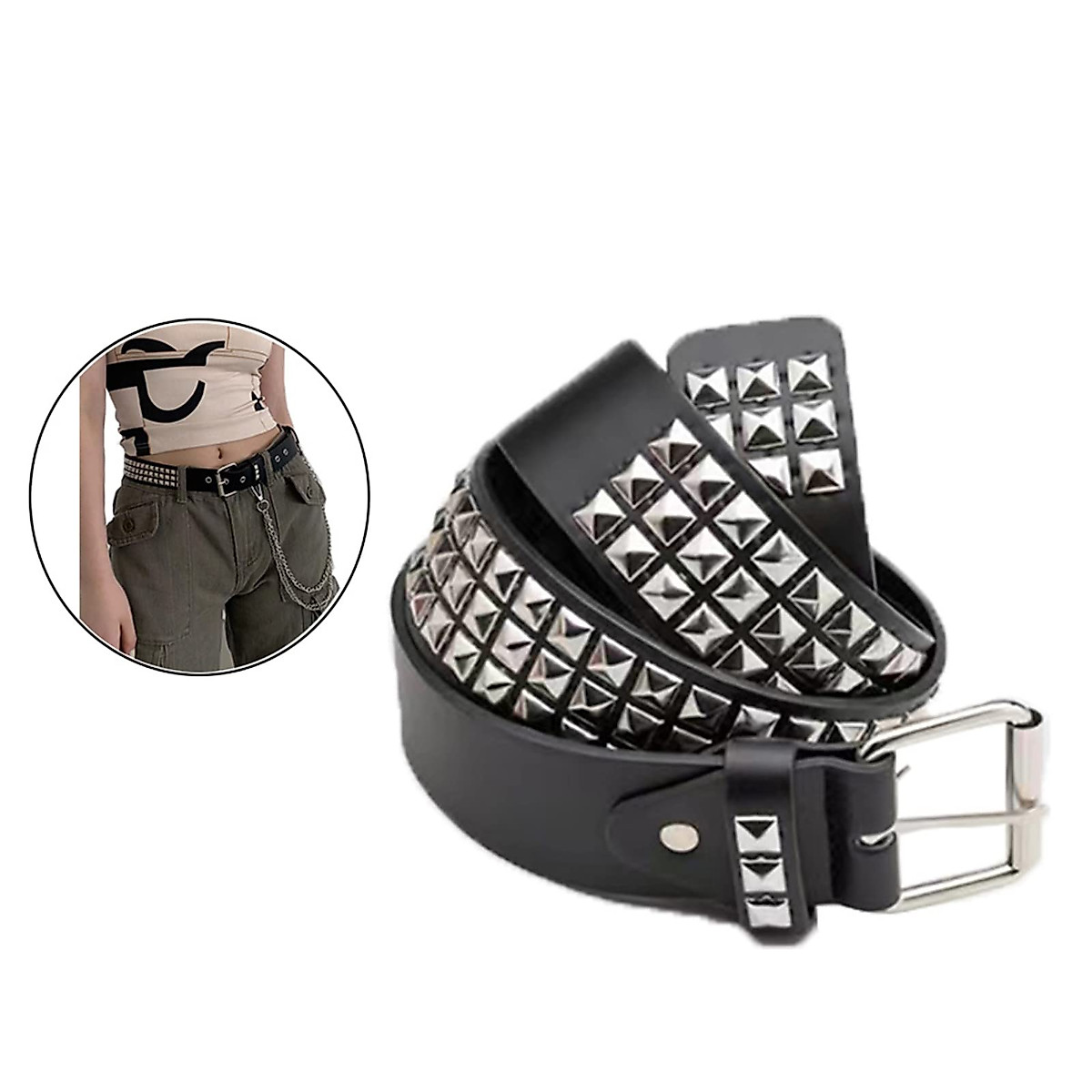 Studded Belt, 3 Row Metal Pyramid Silver Square Beads Punk Leather Belt, Gothic Punk Pants Jeans Belt for Women Men (Black) 110 x 3.8 cm