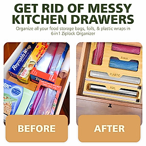 Ziplock Bag Storage Organizer for Kitchen Drawer, 6 in 1 Foil and Plastic Wrap Dispenser with Cutter, Bamboo Zip Lock Plastic Bag Baggie Organizer for Gallon, Quart, Sandwich, Snack 13" x 17" x 3.5"