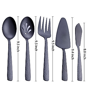 Matte Black Large Serving Utensil Set, FULLYWARE Stainless Steel Large Hostess Serving Set, include Serving Spoon, Slotted Serving Spoon, Serving Fork, Pie Server and Butter Knife, 5-piece