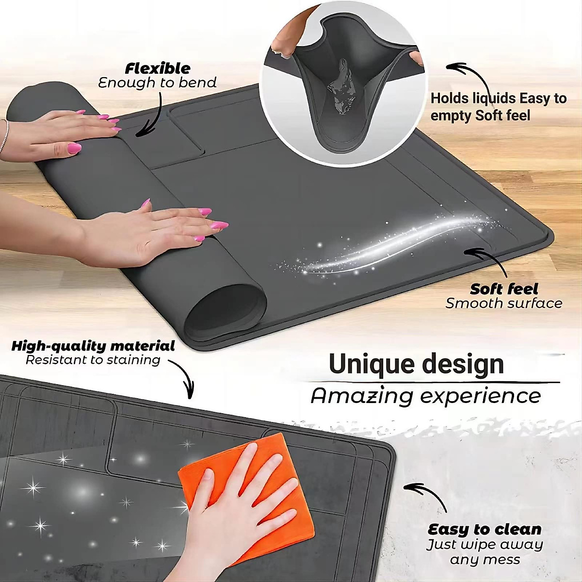 Under Sink Mat, Trimmable Silicone Waterproof Liner With Lip For Kitchen Multipurpose Cabinet Counter Protector Cover Tray Mats For Pipes Drip Easy To Clean 34" X 22" Or Cut To Fit Smaller Gray