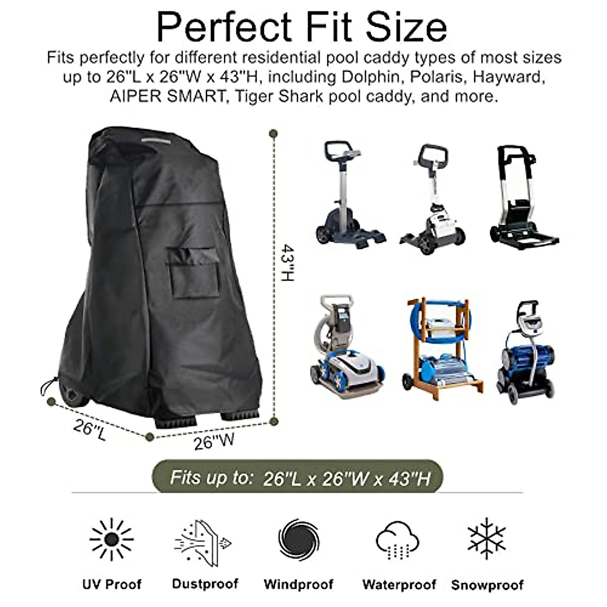 Pool Cleaner Caddy Cover, Falezern Robotic Pool Cleaner Cover, Waterproof and Dustproof, with Windproof Elastic Hem, Classic Caddy Cover for Most Robotic Pool Cleaners. (26”L x 26”W x 43”H)