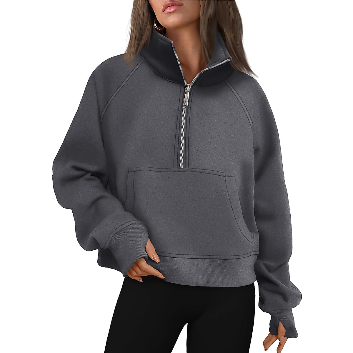 AUTOMET Womens Sweatshirts Half Zip Cropped Pullover Fleece Quarter Zipper Hoodies 2025 Fall Fashion Outfits Clothes DarkDrey X-Large