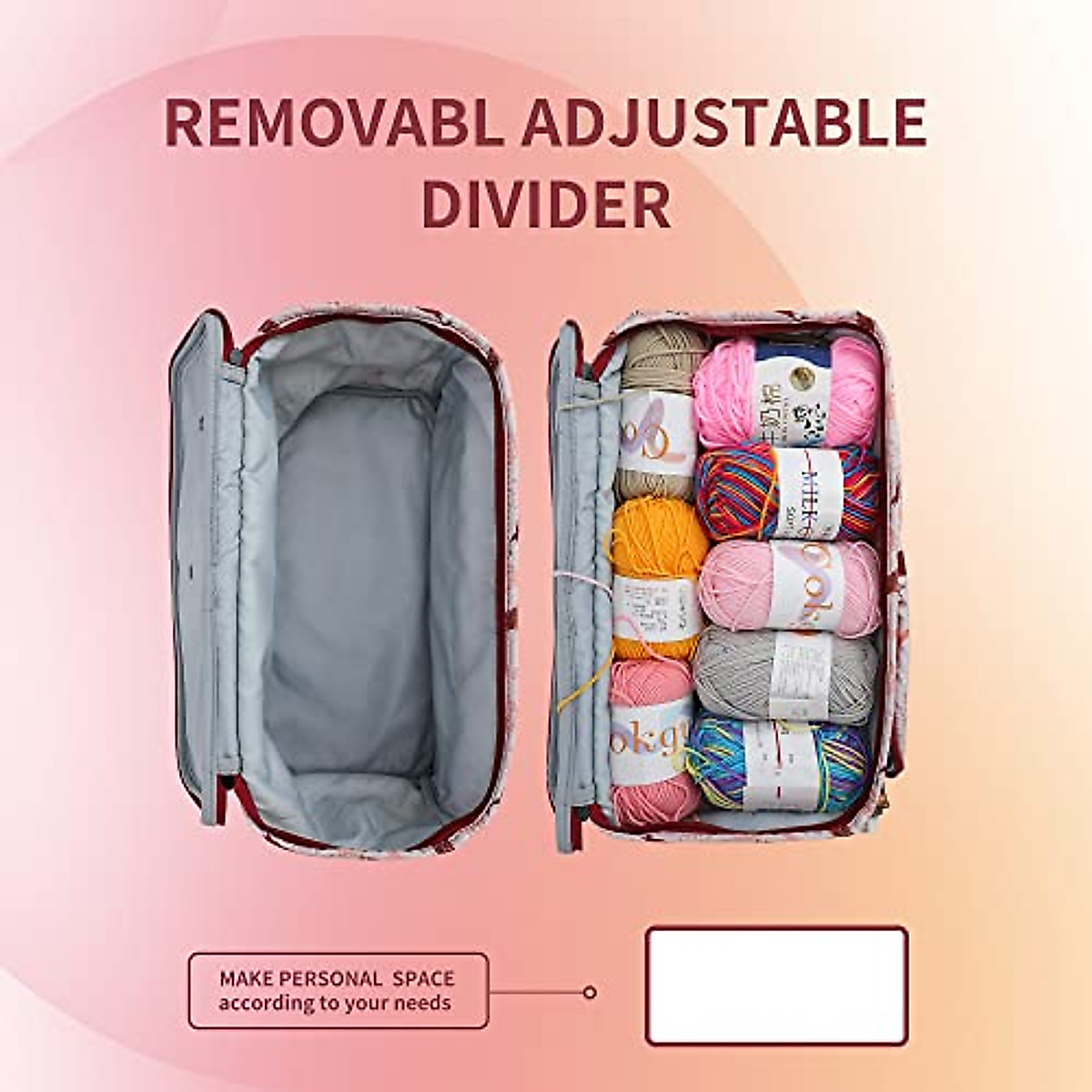 LOOEN Knitting Bag Large Size,Yarn Storage Organizer Tote Bag Holder Case Cuboid with Zipper Closure and Pocket for Knitting Needles Crochet Hooks Project Accessories,Easy to Carry