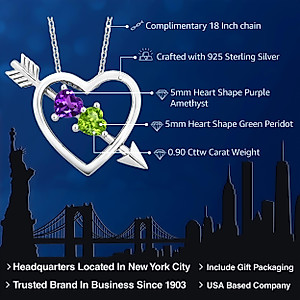 Gem Stone King 925 Sterling Silver Purple Amethyst and Green Peridot Heart and Arrow Women's Pendant Necklace For Women (0.90 Cttw, with 18 Inch Silver Chain)