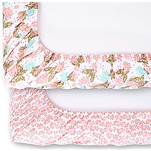 The Peanutshell Crib Sheet Set for Baby Girls | Pink and Gold Butterfly & Pink Ditsy Floral | 2 Pack Set