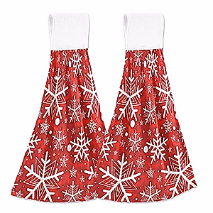 FFYHO Winter Snowflakes Hanging Kitchen Towel with Loop 2 Pack Christmas Red Hand Towels Soft Microfiber Coral Velvet Tie Towel Decor for Bathroom Oven Absorbent Washcloth