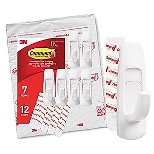 Command Large Utility Hooks, Damage Free Hanging Wall Hooks with Adhesive Strips, No Tools Wall Hooks for Hanging Decorations in Living Spaces, 7 White Hooks and 12 Command Strips