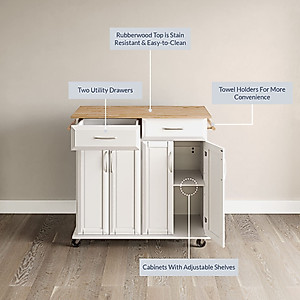BELLEZE Rolling Kitchen Island Cart on Wheels with Storage Cabinet, Mobile Kitchen Cart Island Table with 2 Drawers Towel Racks Rubber Wood Top Coffee Bar for Dinning Room, 41.7”Lx18.5”Wx37”H, White